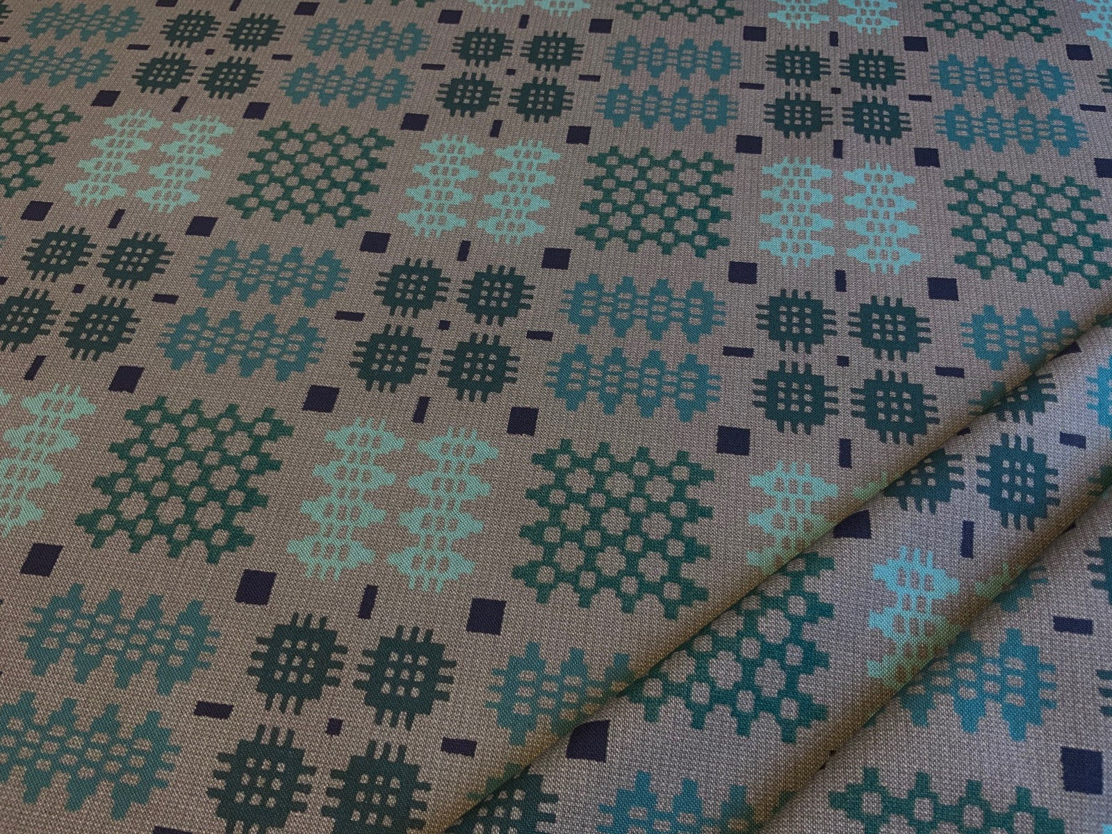 S57 Linen Look Welsh Blanket Grey Aqua Print | Textile Express | Buy ...